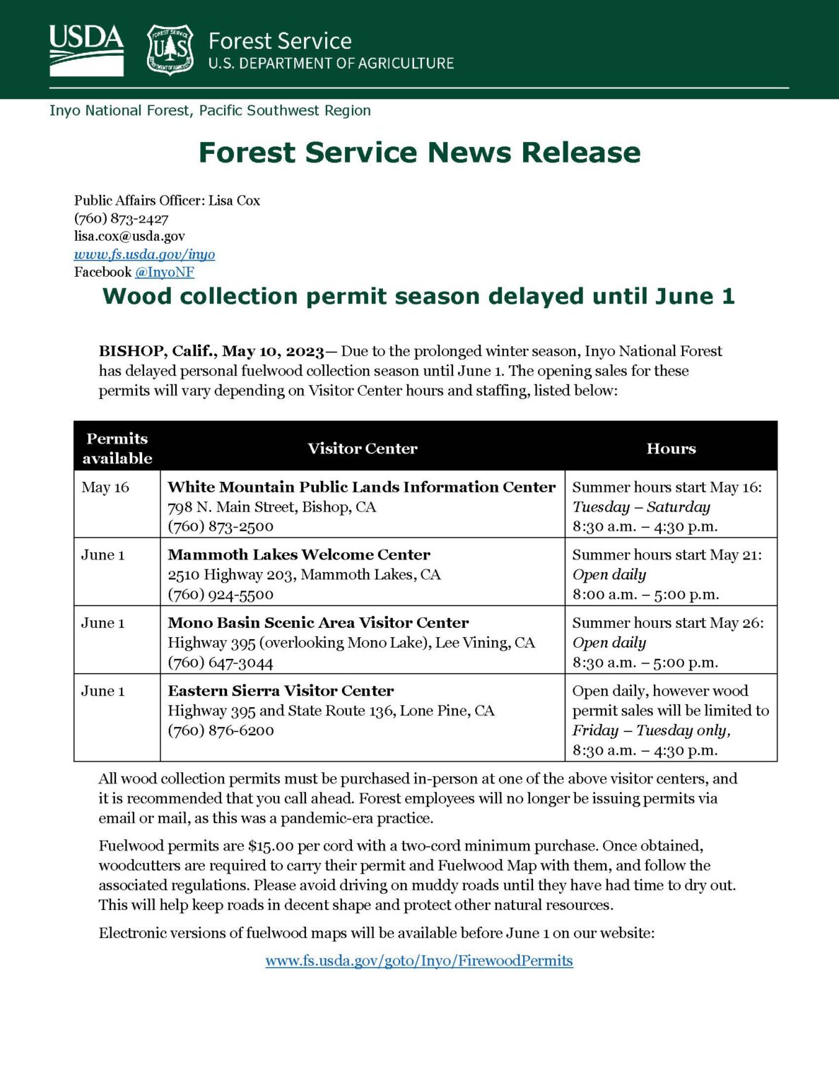 Forest Service News Release - Wood Collection Permit Season Delayed ...
