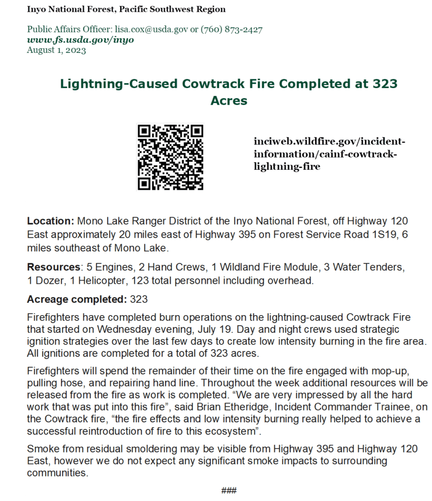 Lightning-Caused Cowtract Fire Completed at 323 Acres - Sierra Wave ...