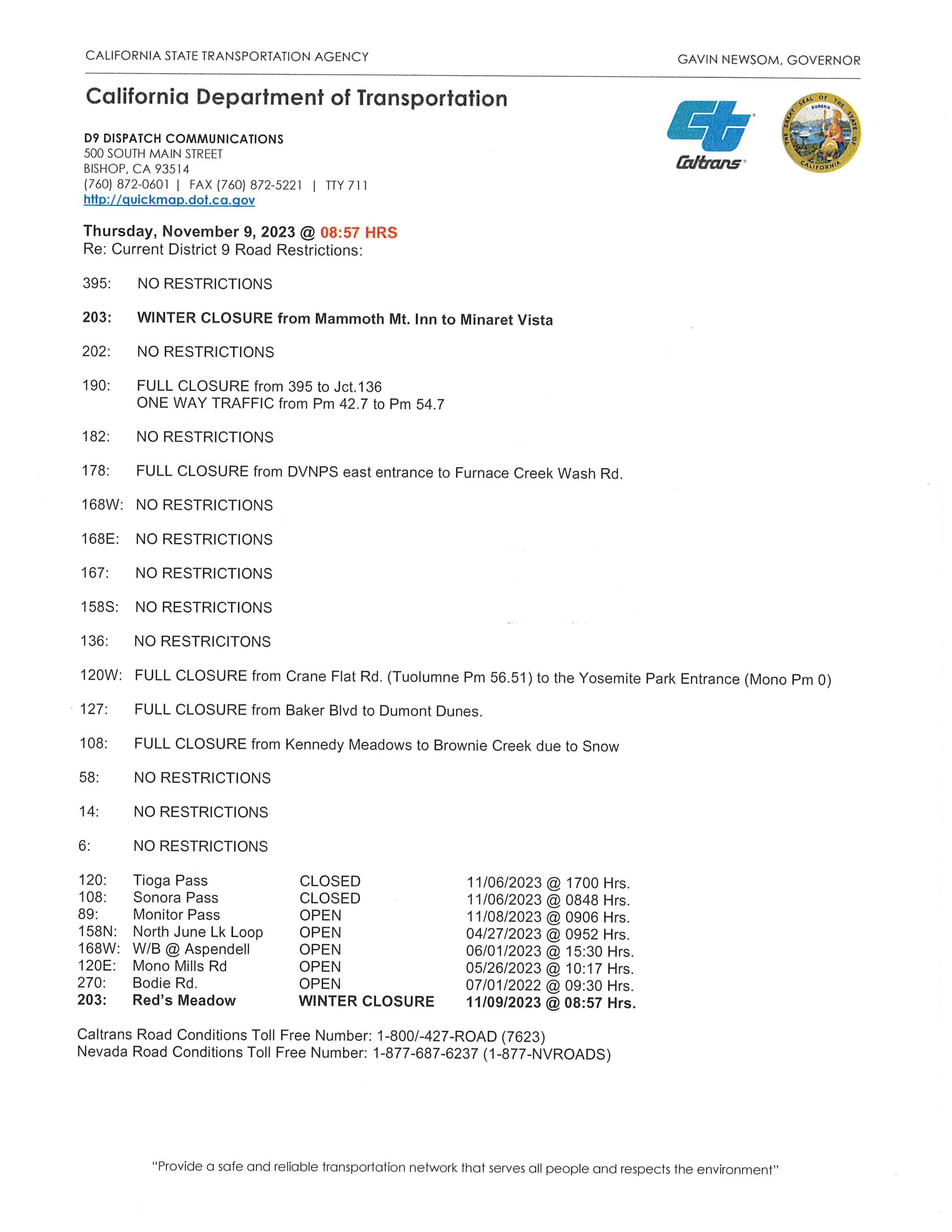 Caltrans Road Conditions - November 9 @9:00 a.m. Route 203 - Sierra ...