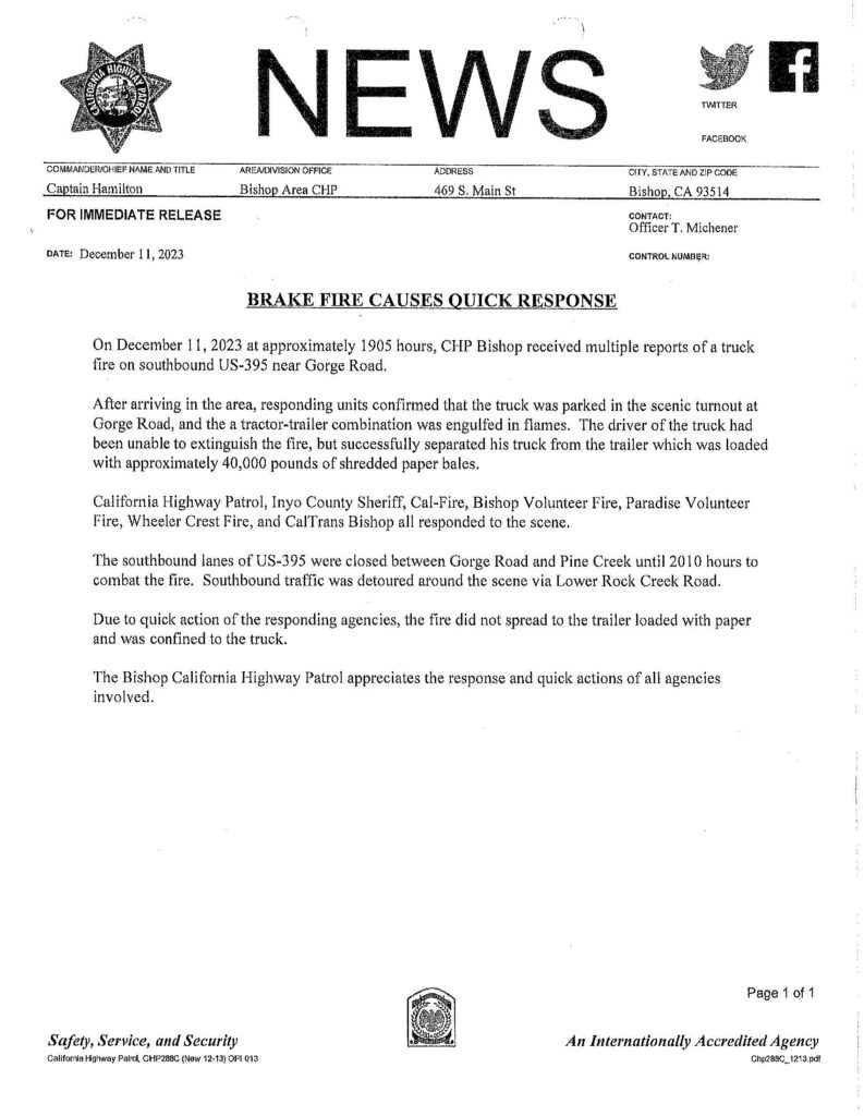 Bishop CHP News Release - Brake Fire US395 December 11 - Sierra Wave ...