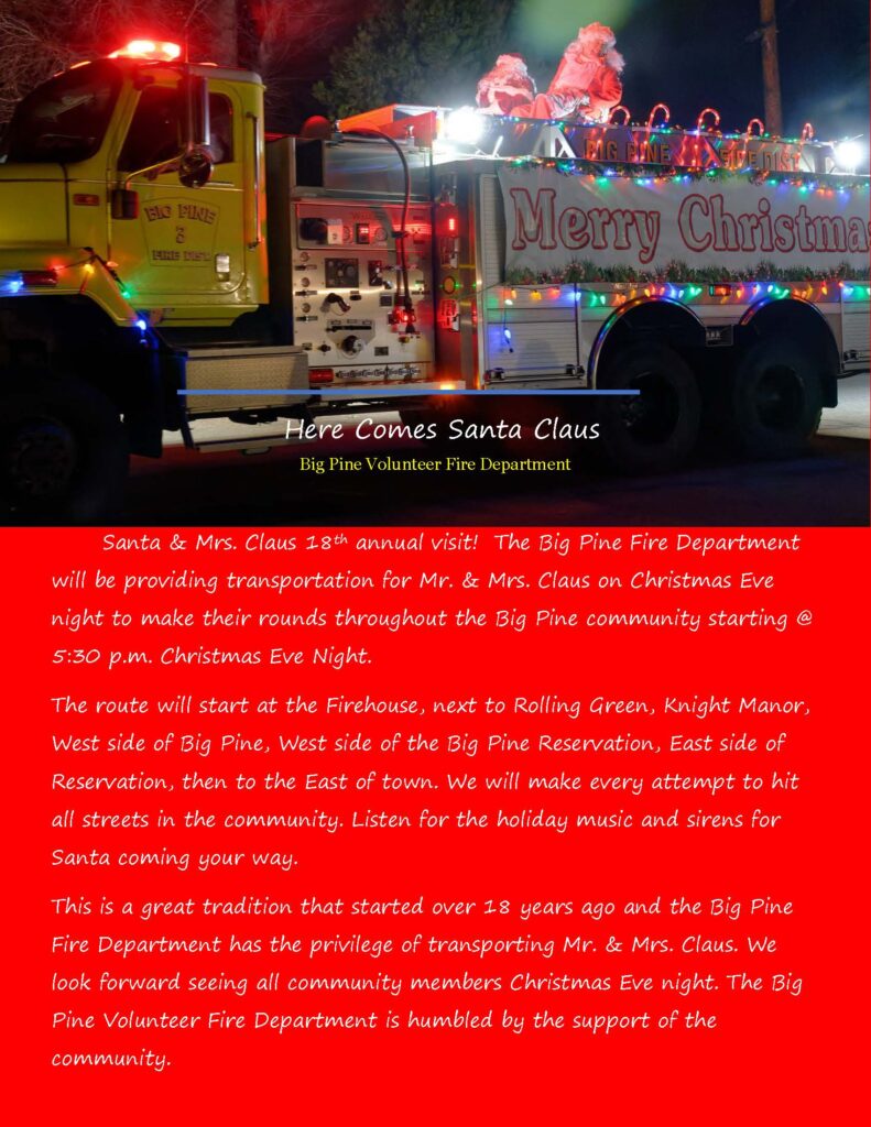 Big Pine Fire Department Event - Christmas Eve is 18th Annual Santa and Mrs. Claus Visit