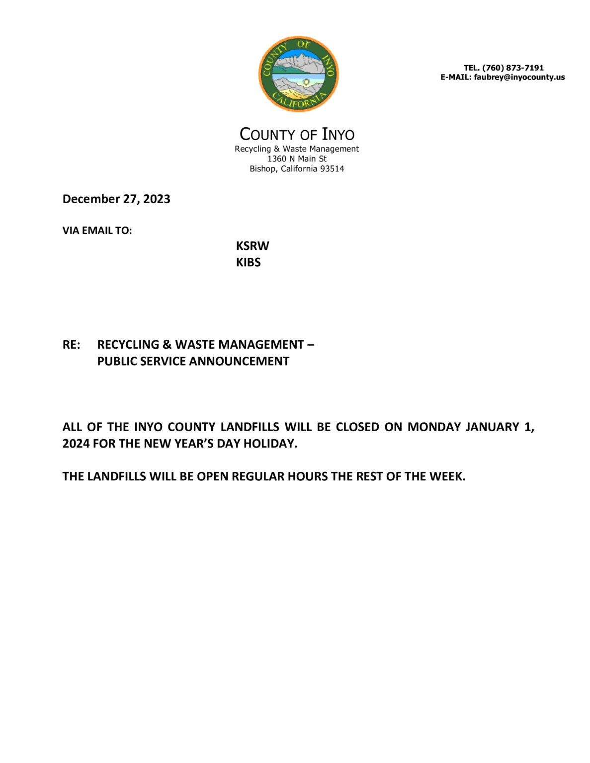 INYO COUNTY RECYCLING & WASTE MANAGEMENT – PUBLIC SERVICE ANNOUNCEMENT ...