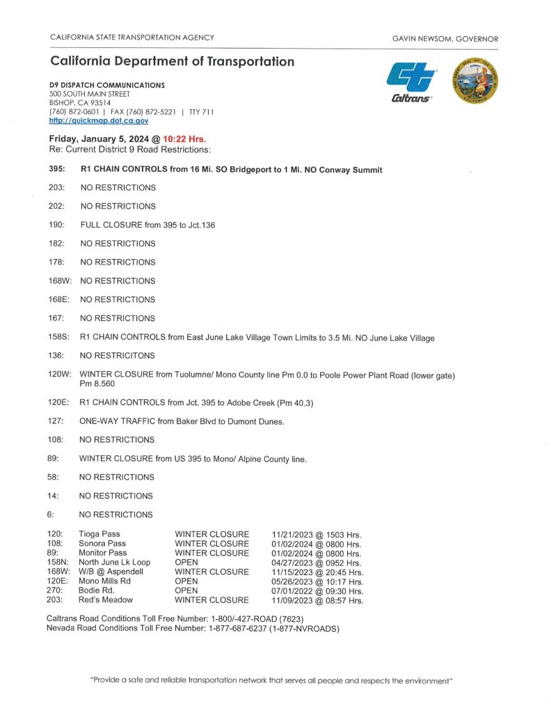 Caltrans Road Conditions Update - January 5 @10:25 AM -R1 Chain Control ...