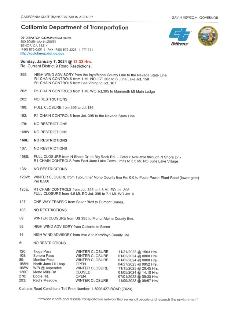 Caltrans Road Conditions - January 7 @1:30 PM - 168E - Sierra Wave ...