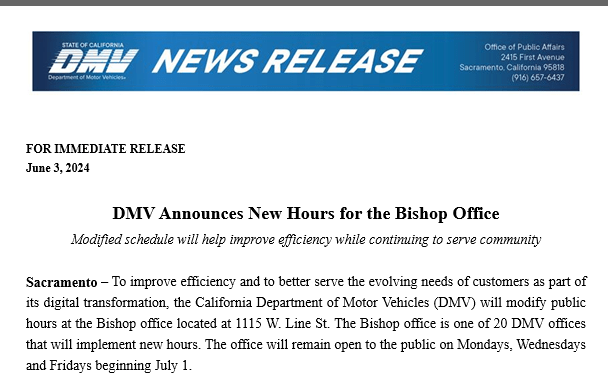 DMV Announces New Hours for the Bishop Office - Sierra Wave: Eastern ...