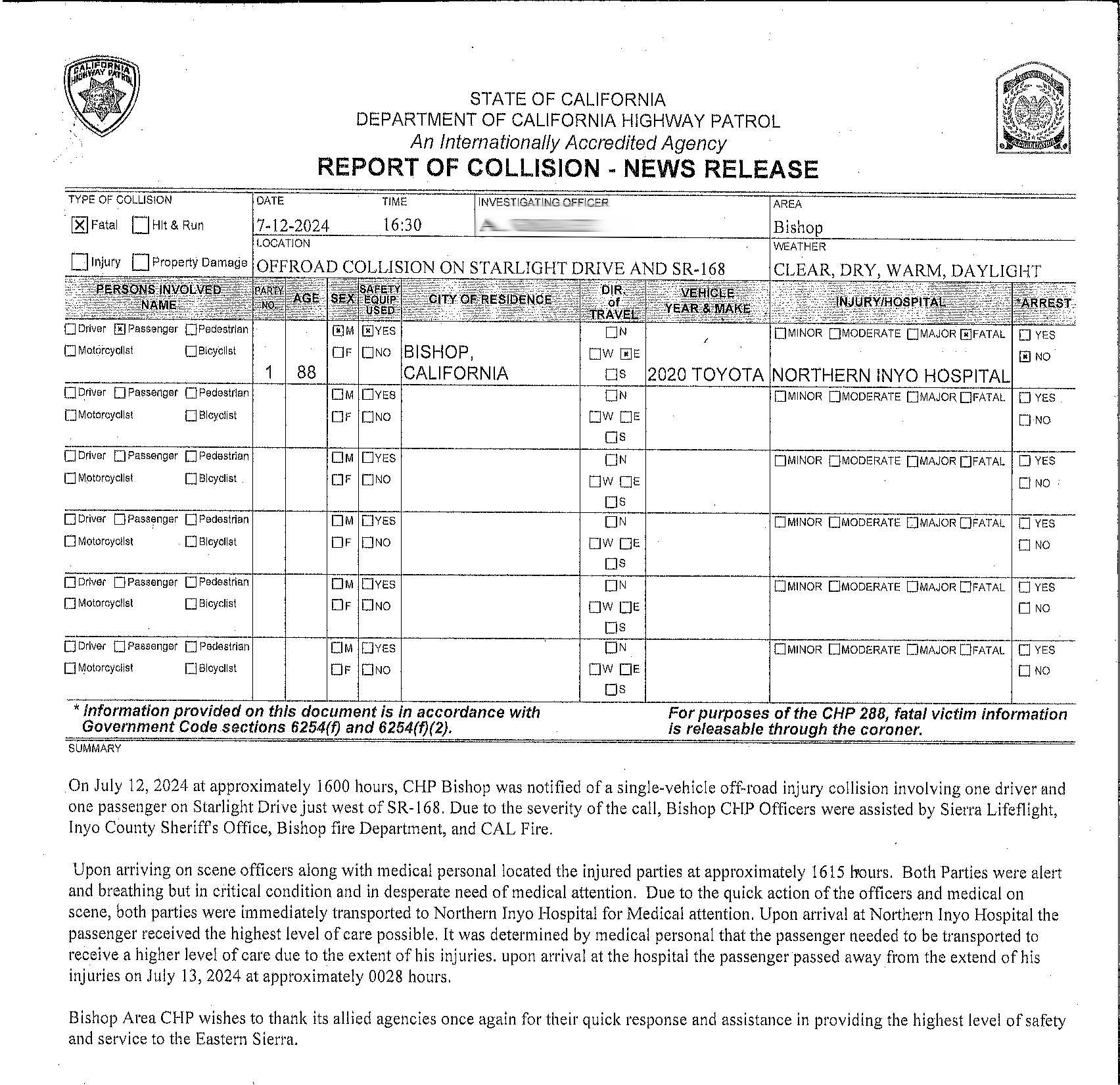 CHP Report of Collision News Release - Sierra Wave: Eastern Sierra News ...