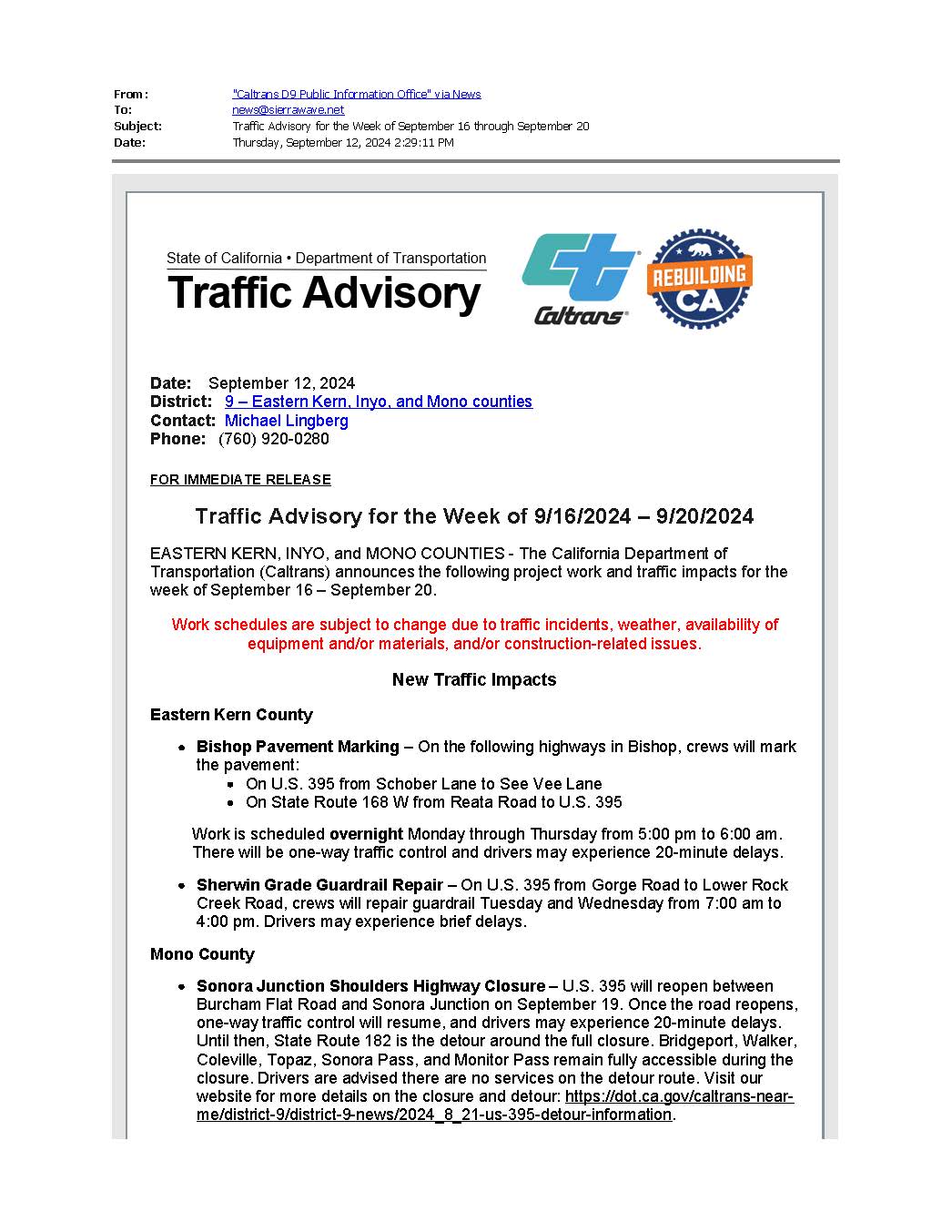 Cal Trans Traffic Advisory for the Week of September 16 through ...