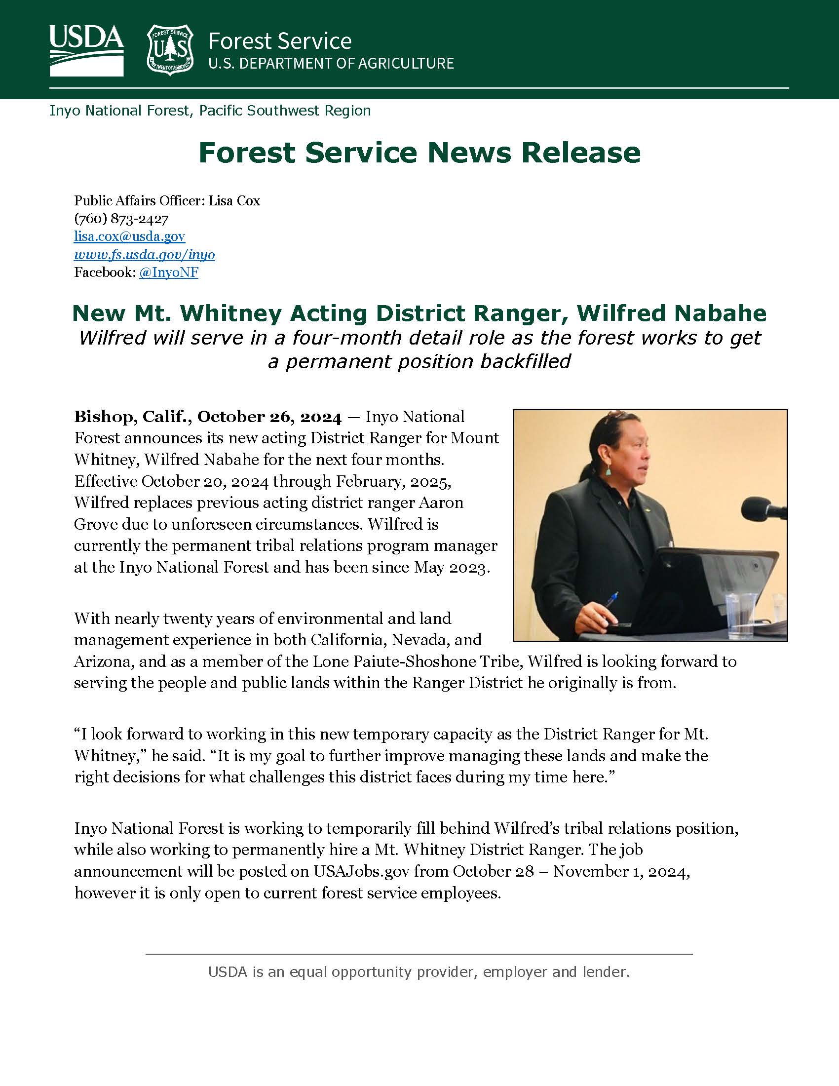 Inyo National Forest Announces Its New Acting District Ranger for Mount ...