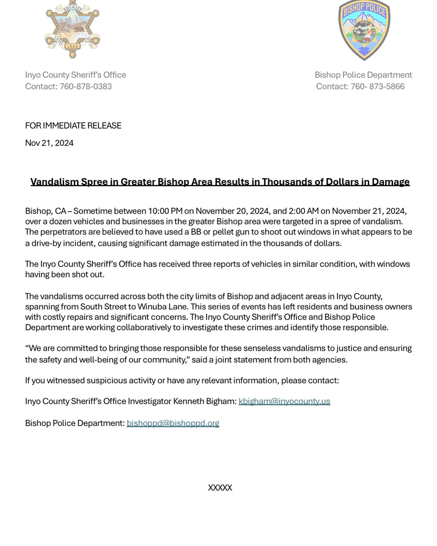 Vandalism Spree in Greater Bishop Area Results in Thousands of Dollars ...