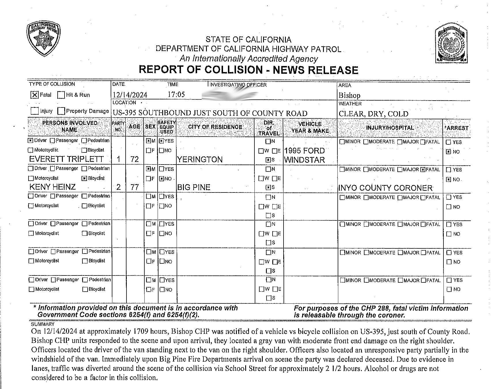 Big Pine US-395 South of County Road Van vs Cyclist Fatality - Sierra ...