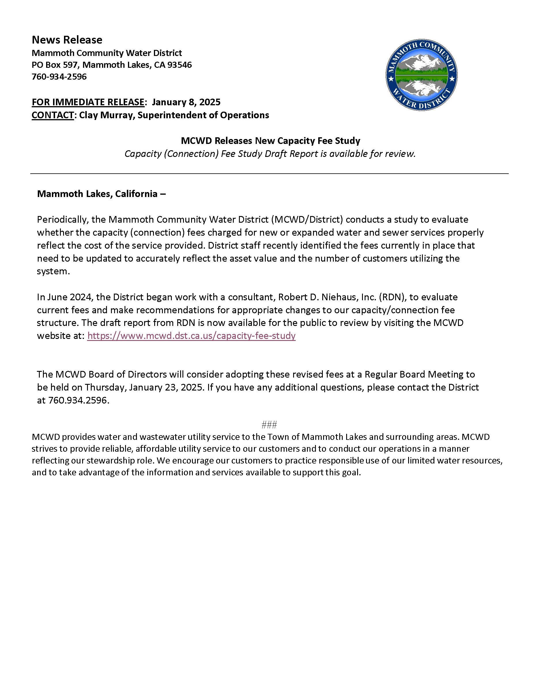Mammoth Community Water District regarding a Capacity Fee Study ...
