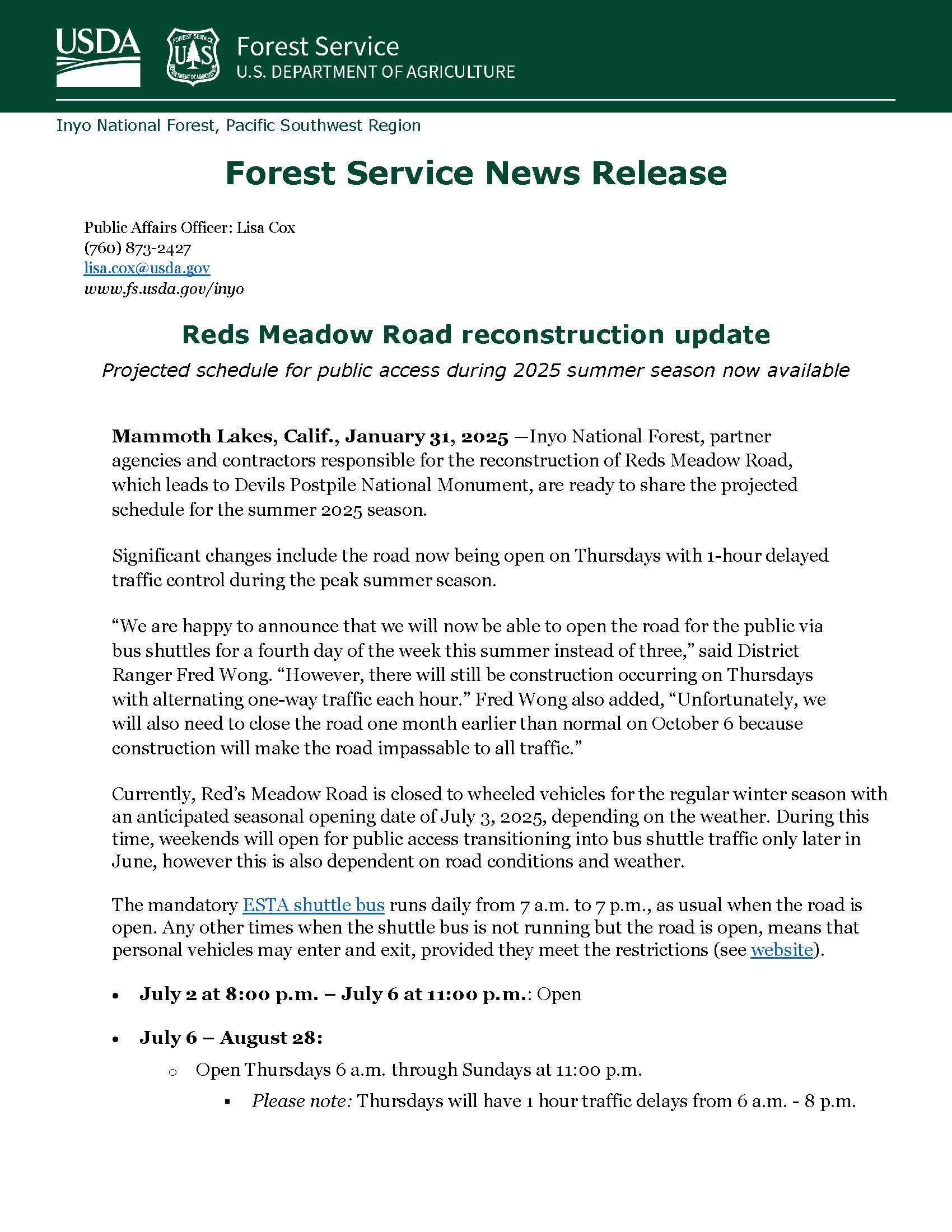 Reds Meadow Road Reconstruction Update - Sierra Wave: Eastern Sierra ...