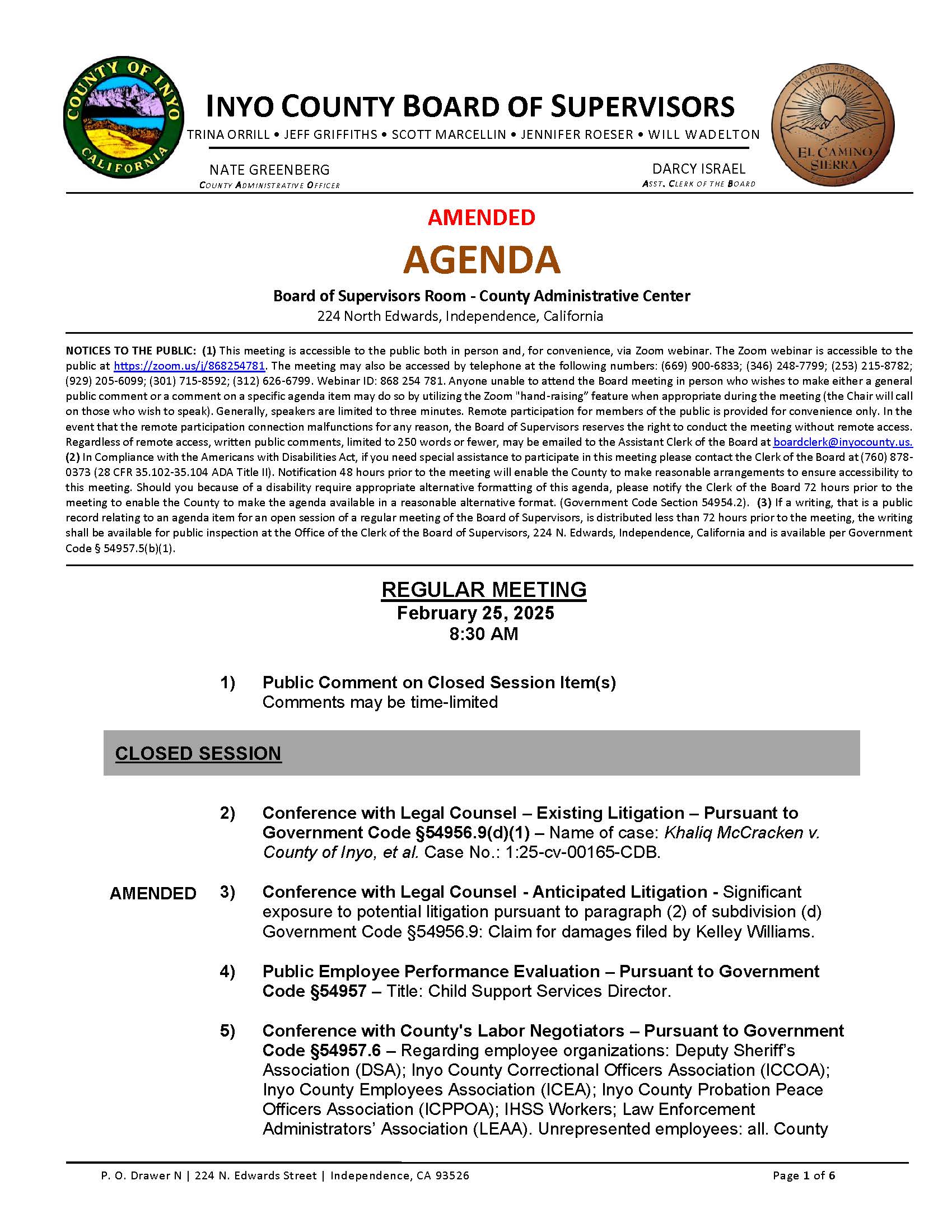 AMENDED AGENDA Board of Supervisors Room - County Administrative Center ...