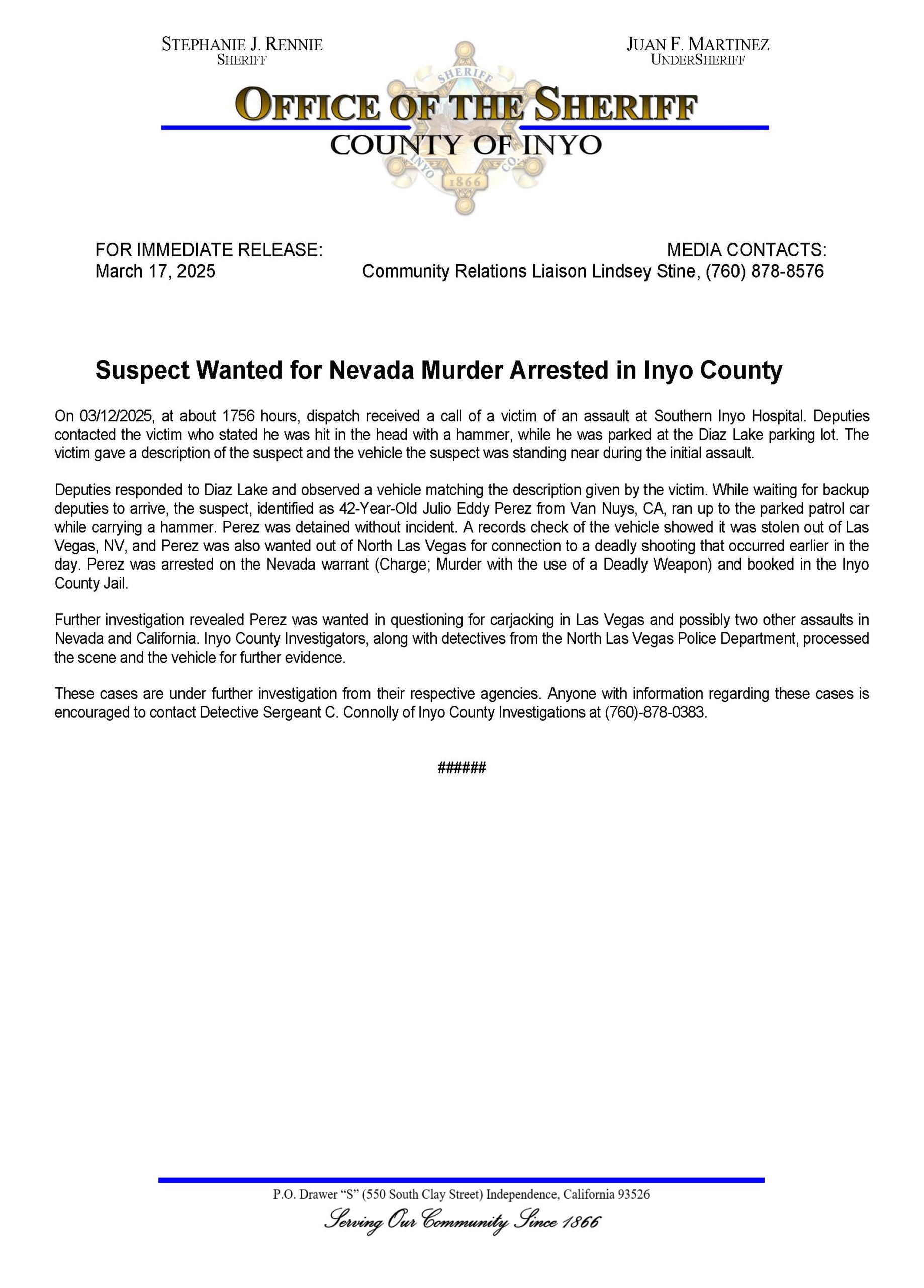 Suspect Wanted for Nevada Murder Arrested in Inyo County - Sierra Wave ...