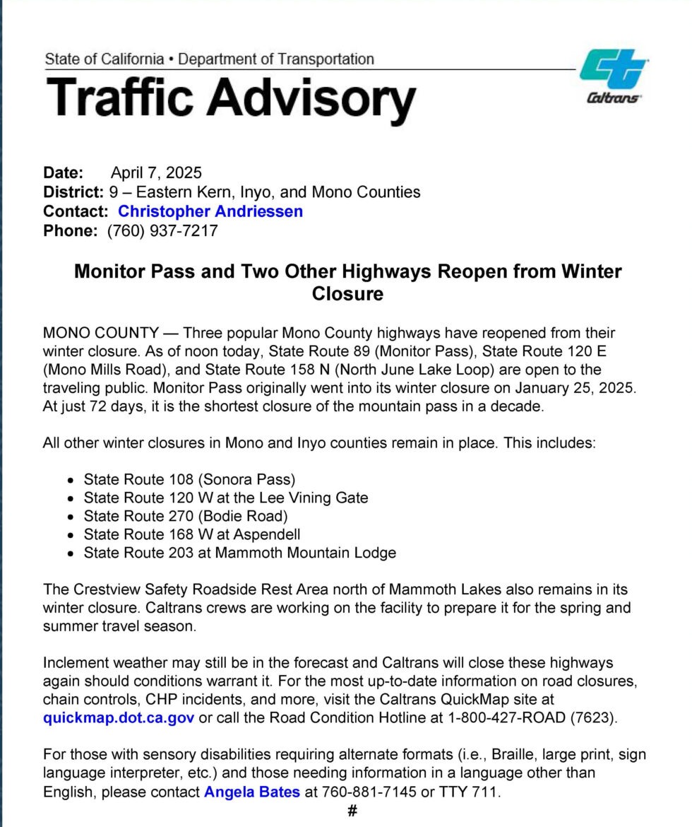 Monitor Pass Reopens in Mono County - Sierra Wave: Eastern Sierra News ...