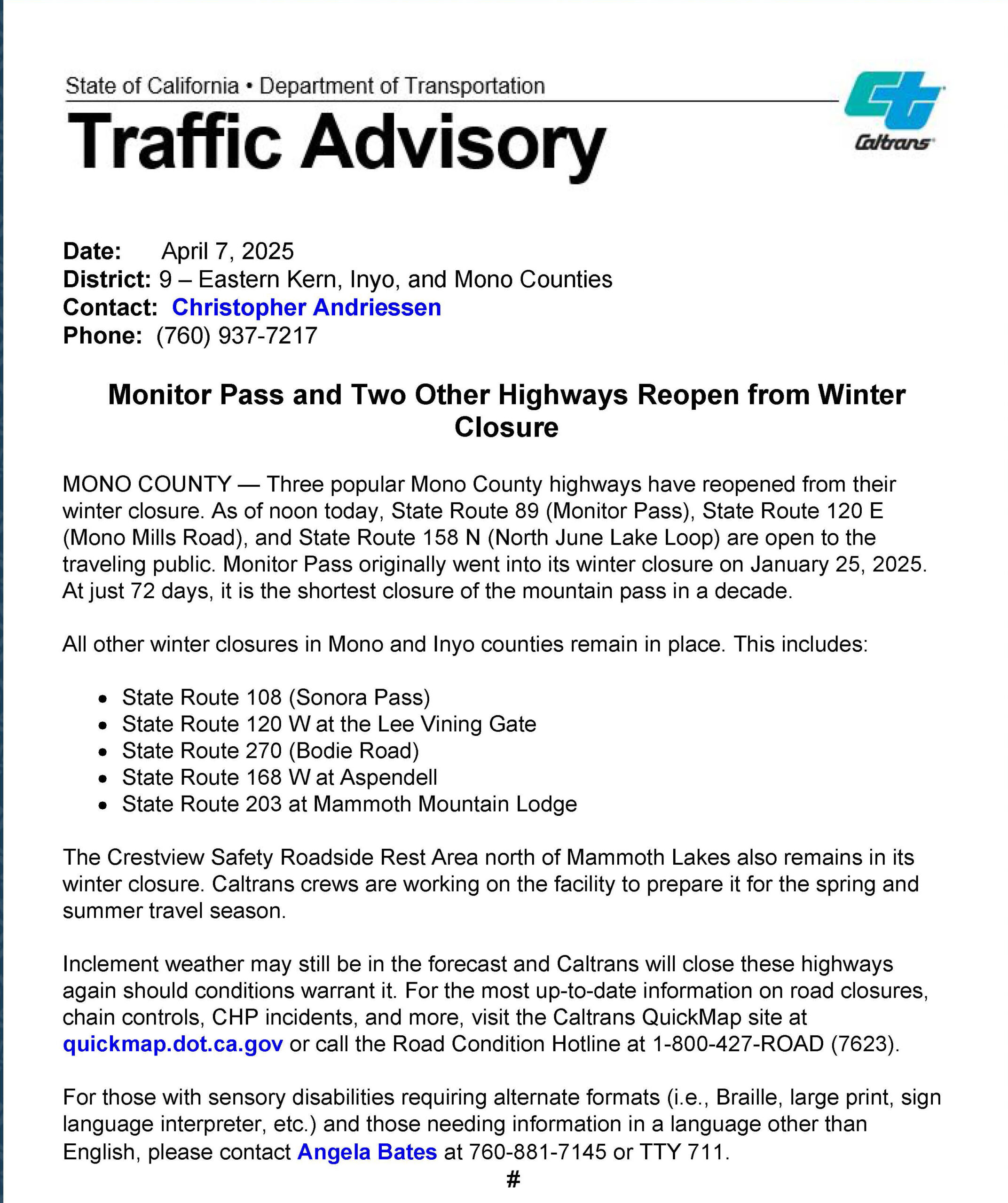 Monitor Pass Reopens in Mono County - Sierra Wave: Eastern Sierra News ...