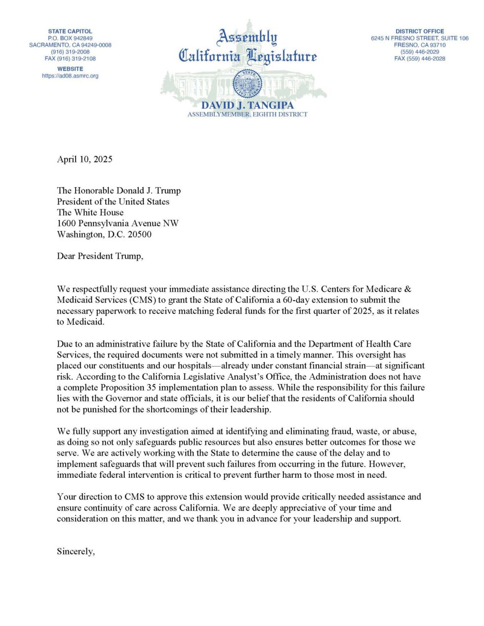 Asm. Tangipa Letter to President Trump - CDHS Extension for Medicaid ...