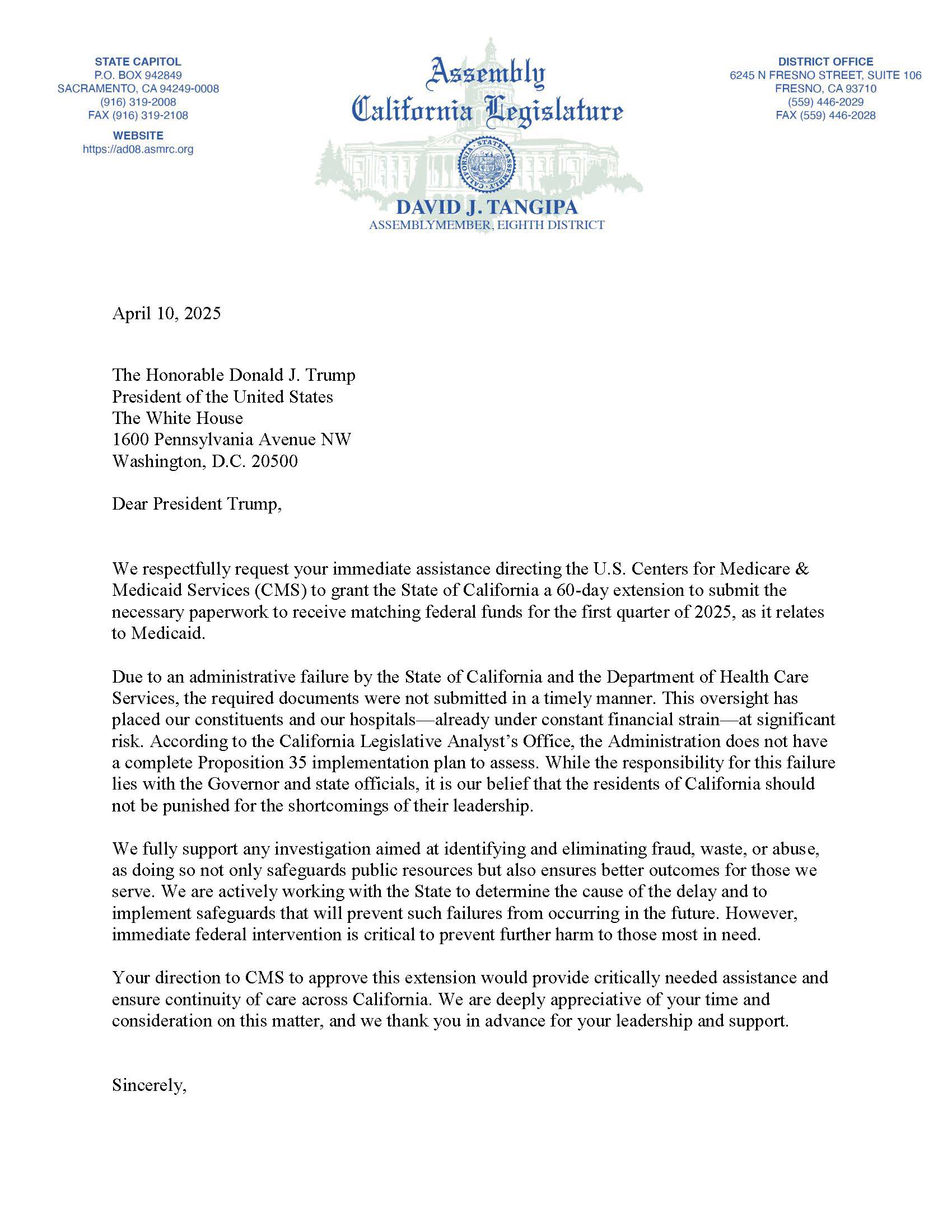 Asm. Tangipa Letter to President Trump - CDHS Extension for Medicaid ...