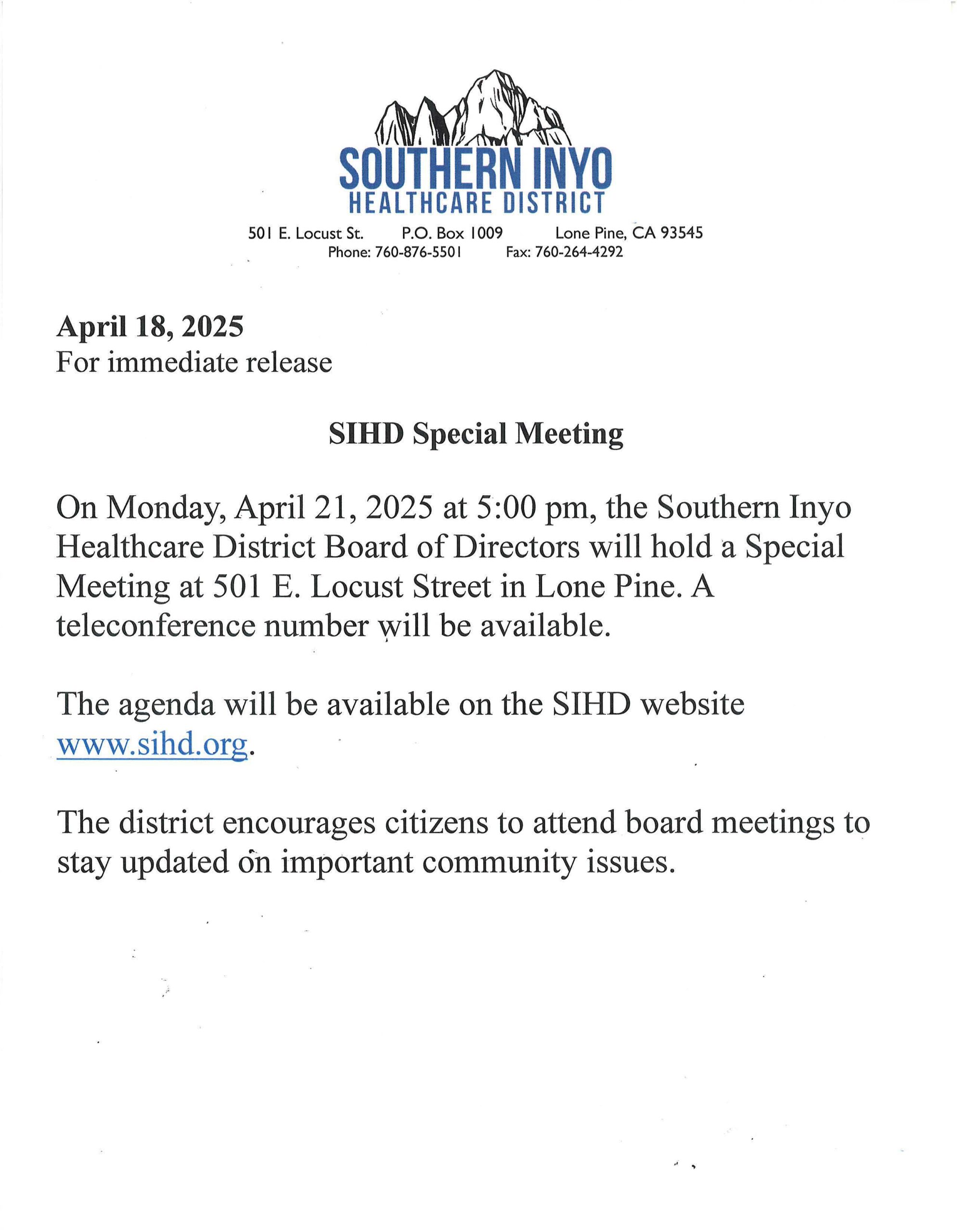 SIHD Special Meeting - Sierra Wave: Eastern Sierra News - The Community ...