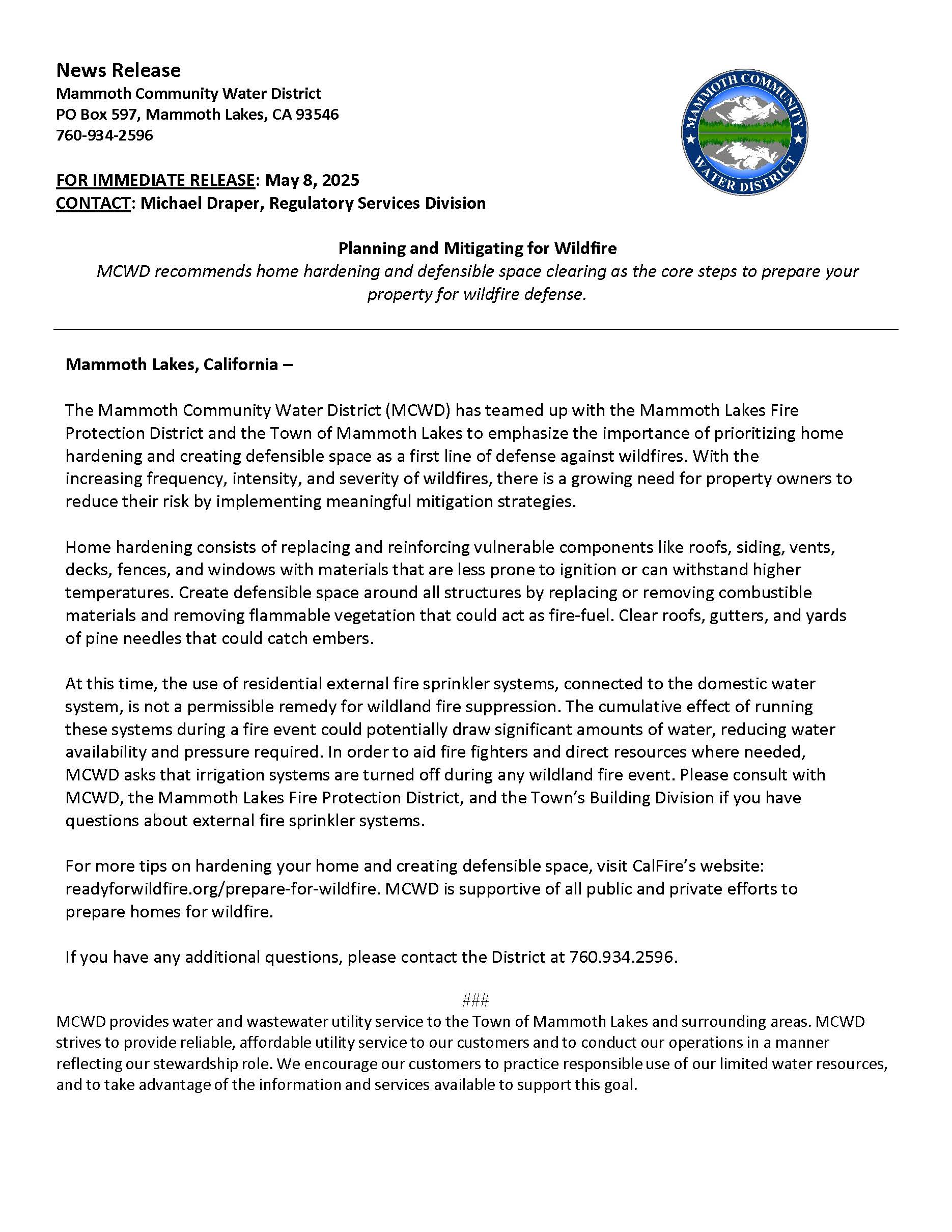 MCWD Recommends Home Hardening and Defensible Space Clearing As The ...