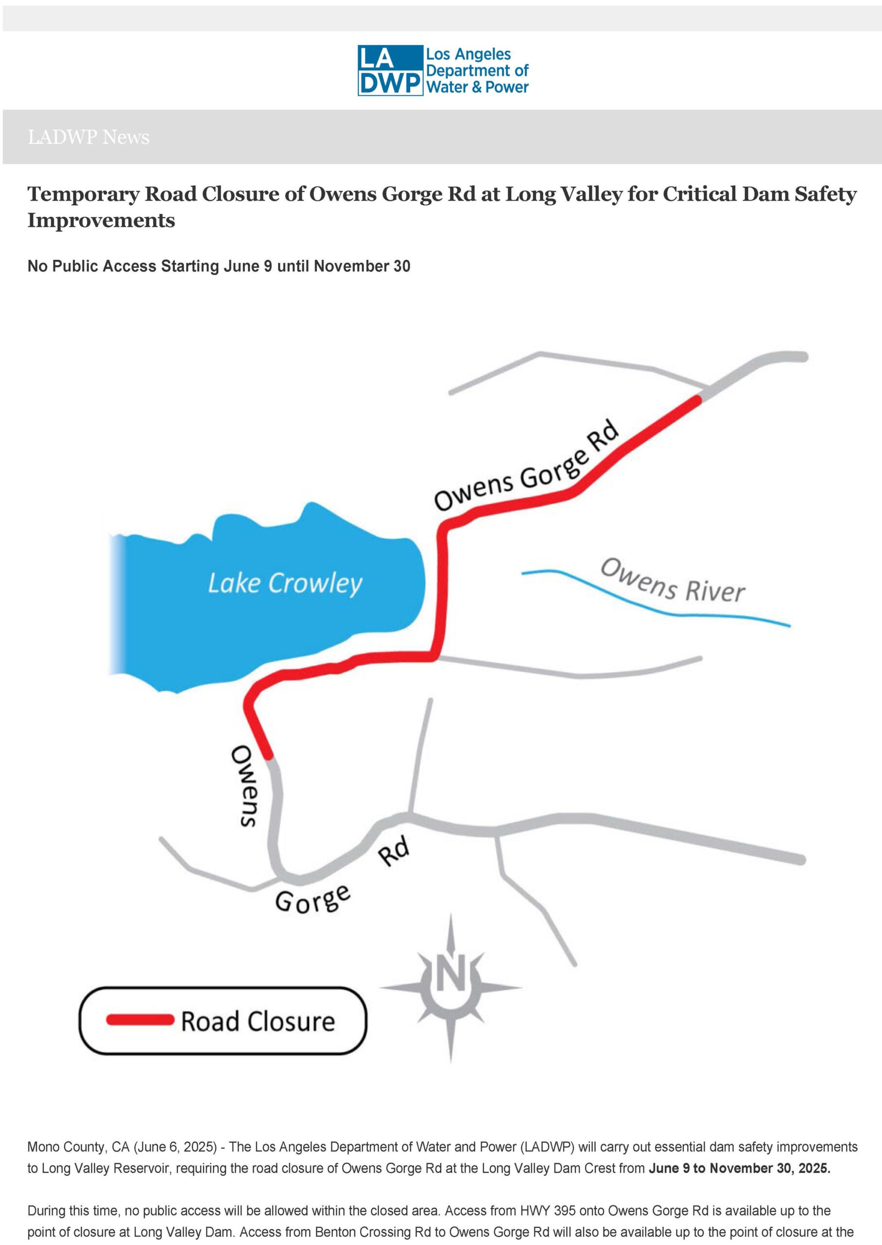 Temporary Road Closure of Owens Gorge Rd at Long Valley for Critical ...