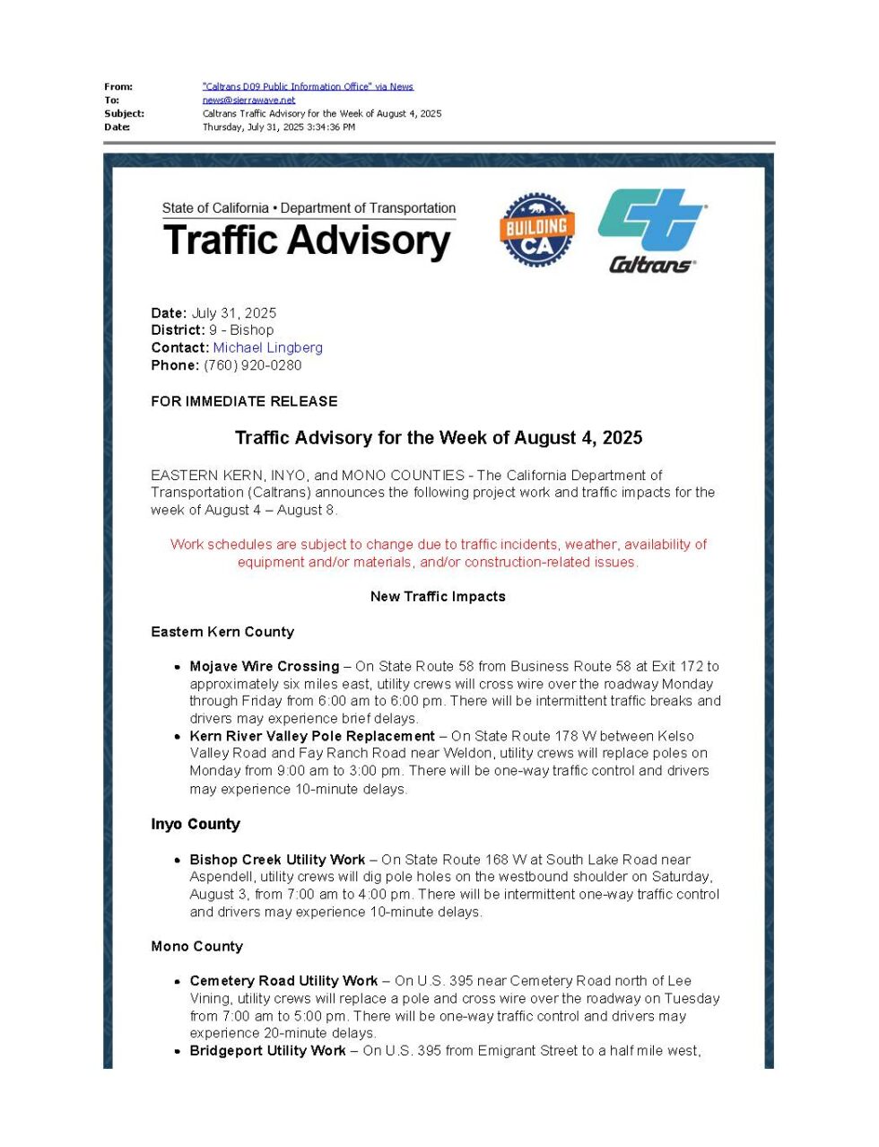 Caltrans Traffic Advisory for the Week of August 4, 2025 - Sierra Wave ...