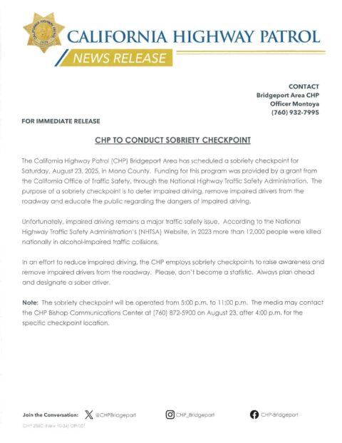 CHP TO CONDUCT SOBRIETY CHECKPOINT - Sierra Wave: Eastern Sierra News ...