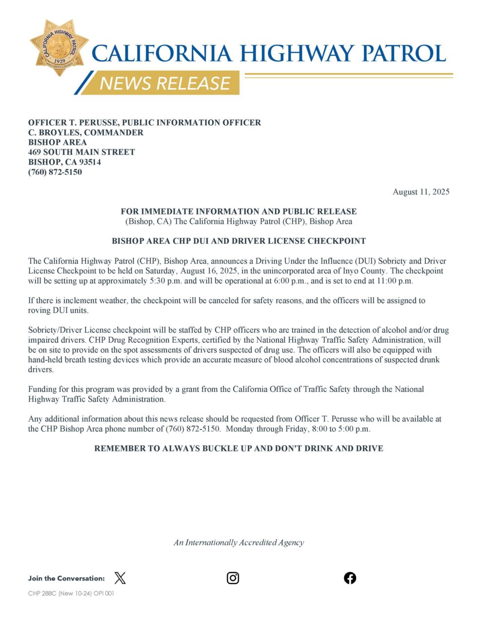 BISHOP AREA CHP DUI AND DRIVER LICENSE CHECKPOINT - Sierra Wave ...