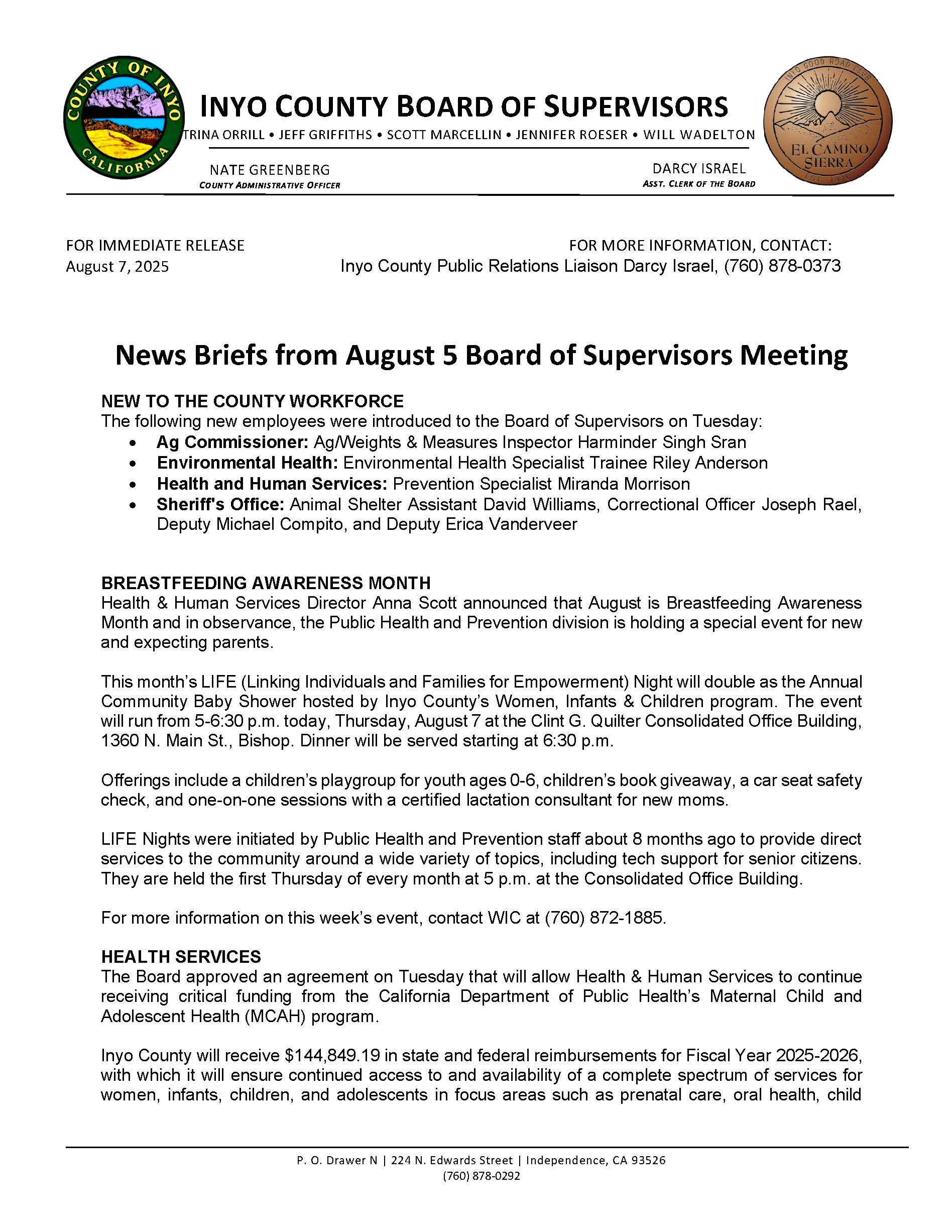News Briefs from August 5 Board of Supervisors Meeting NEW TO THE ...