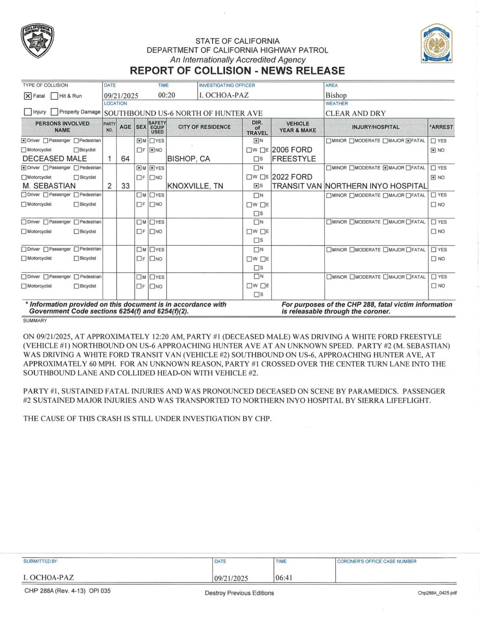 CHP Report of Collision Fatal Crash on HWY 6 - Sierra Wave: Eastern ...