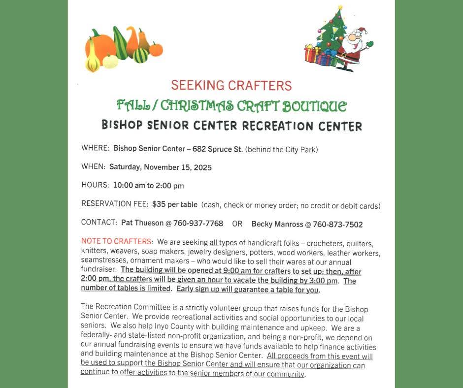 SEEKING CRAFTERS FALL / CHRISTMAS CRAFT BOUTIQUE BISHOP SENIOR CENTER ...