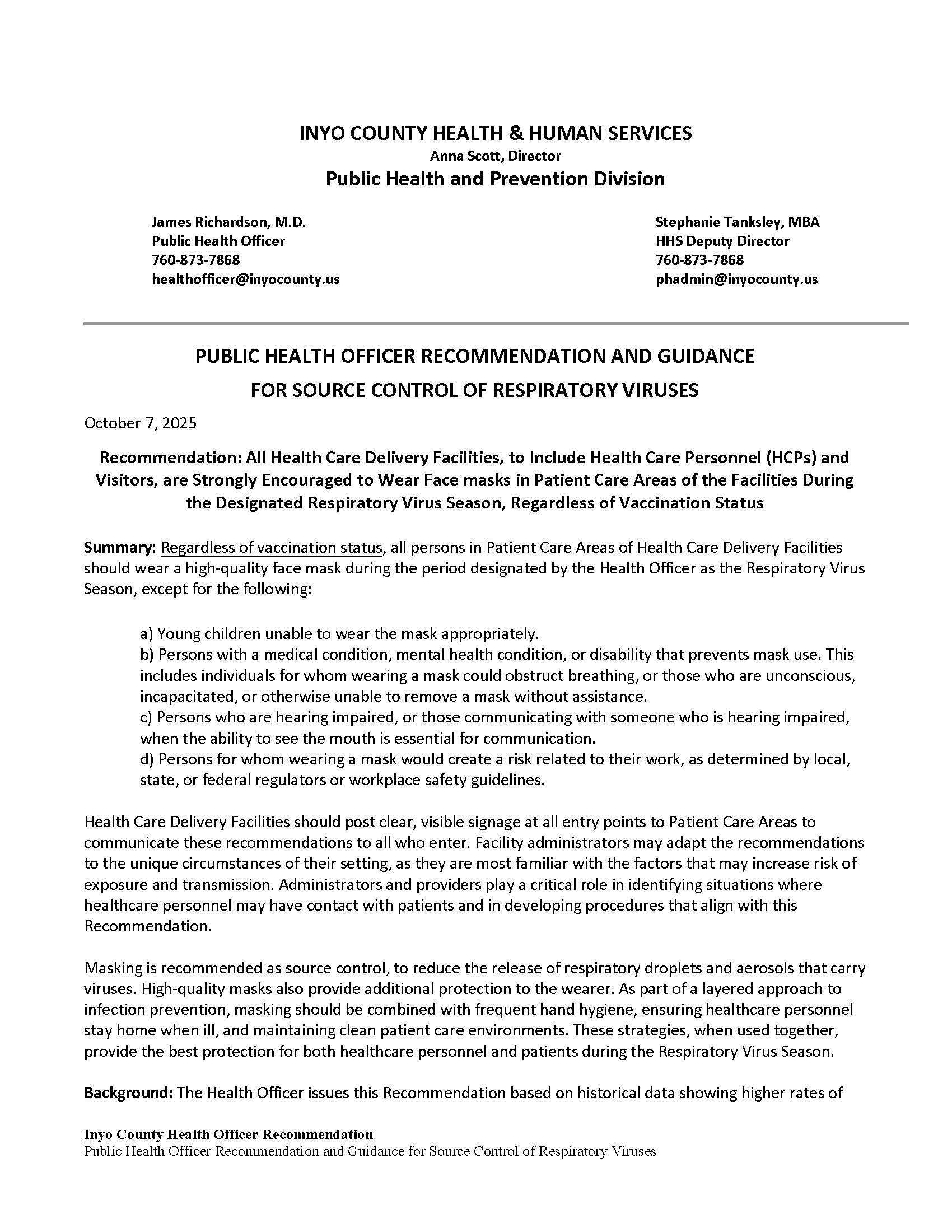 PUBLIC HEALTH OFFICER RECOMMENDATION AND GUIDANCE FOR SOURCE CONTROL OF ...
