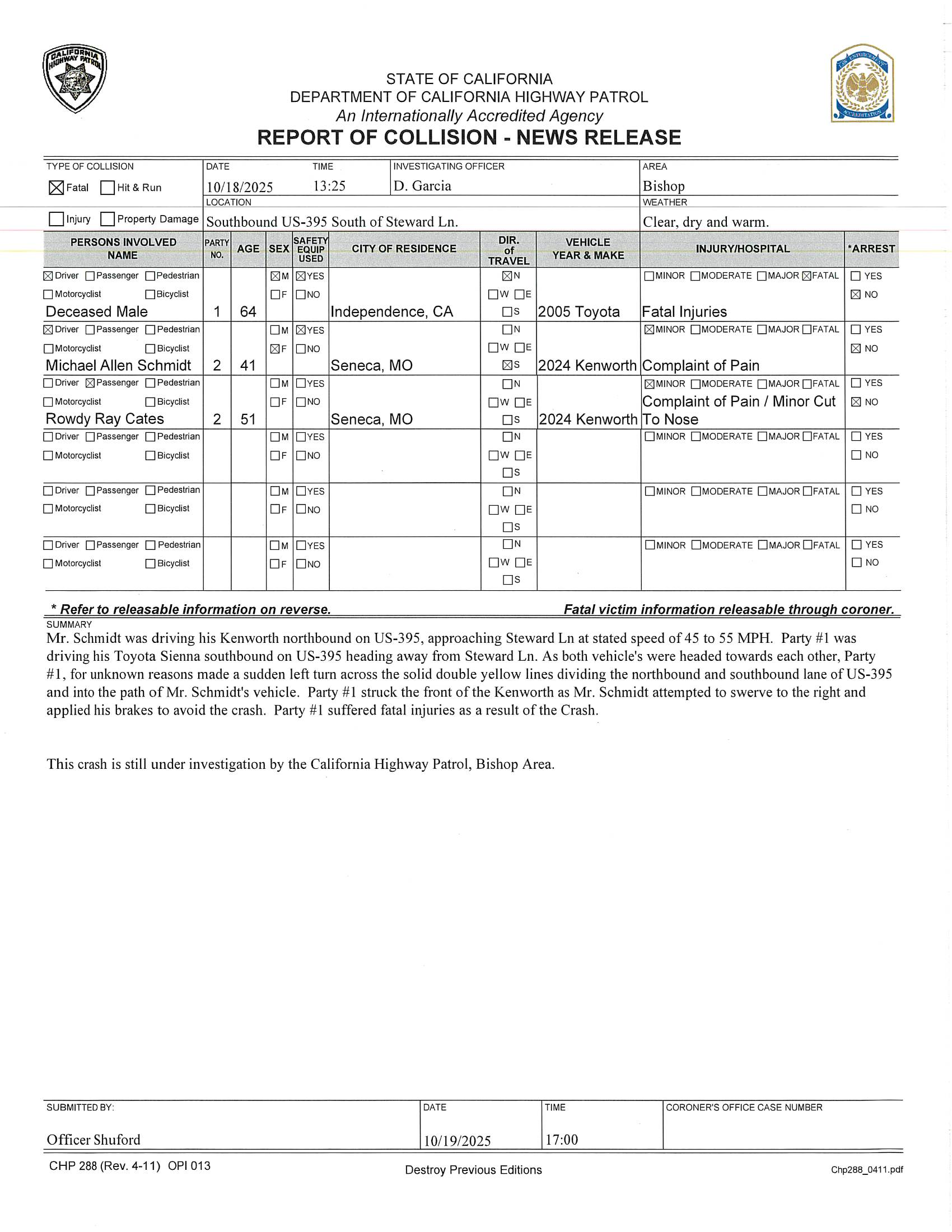 CHP Report of Collision Fatal October 18, 2025 - Sierra Wave: Eastern ...
