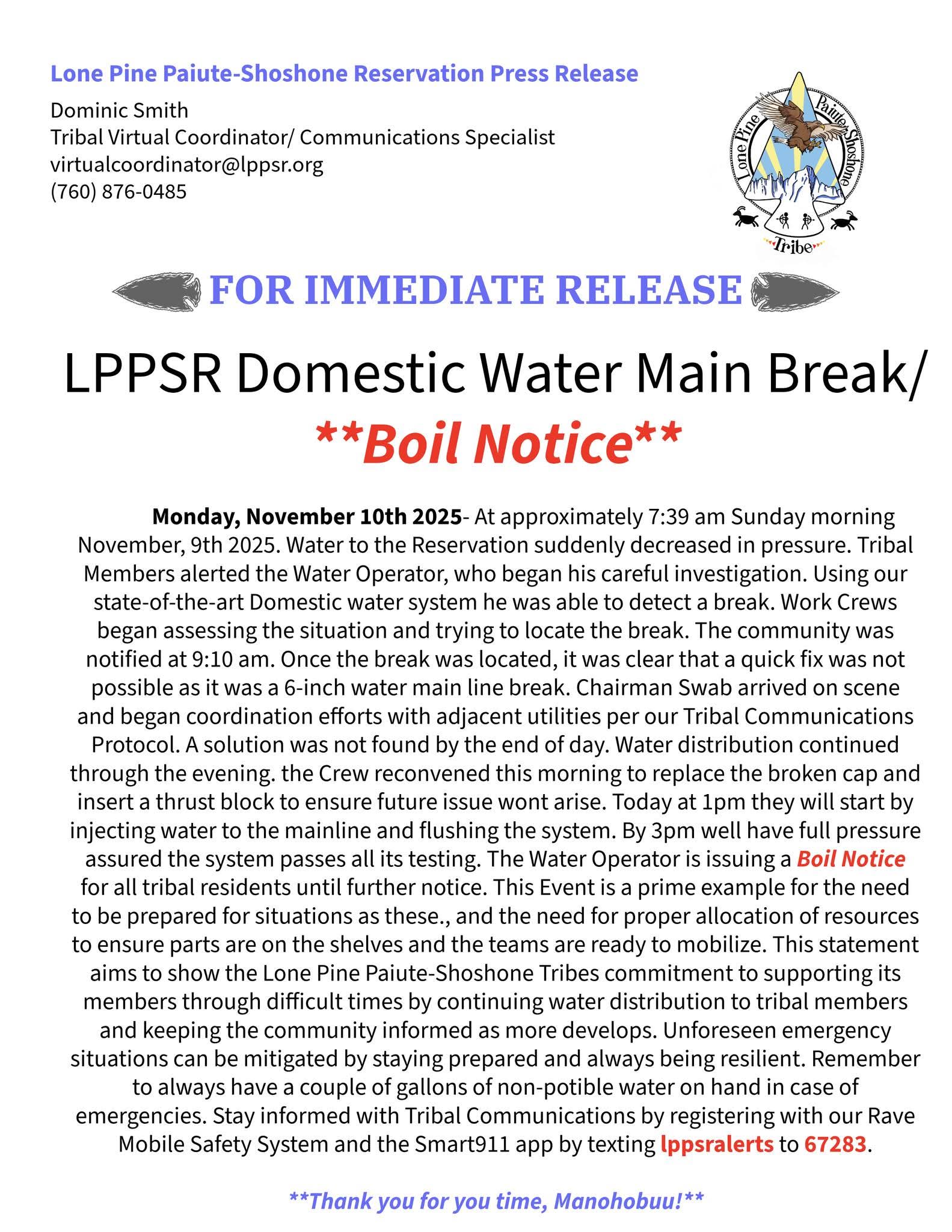 LPPSR Domestic Water Main Break/ **Boil Notice** - Sierra Wave: Eastern ...