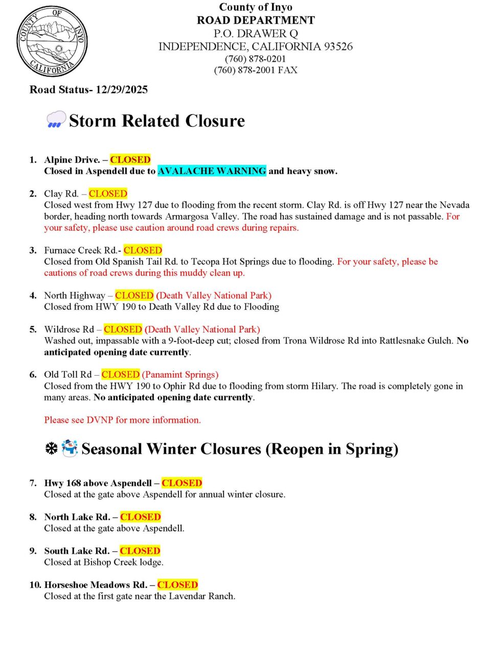 Inyo County Storm Related Road Closures - Sierra Wave: Eastern Sierra ...
