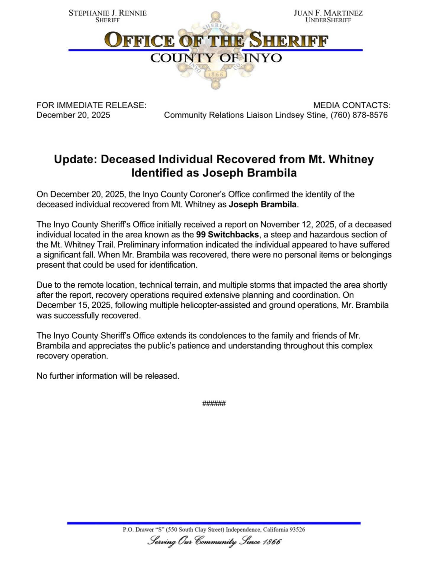 Update: Deceased Individual Recovered from Mt. Whitney Identified as ...