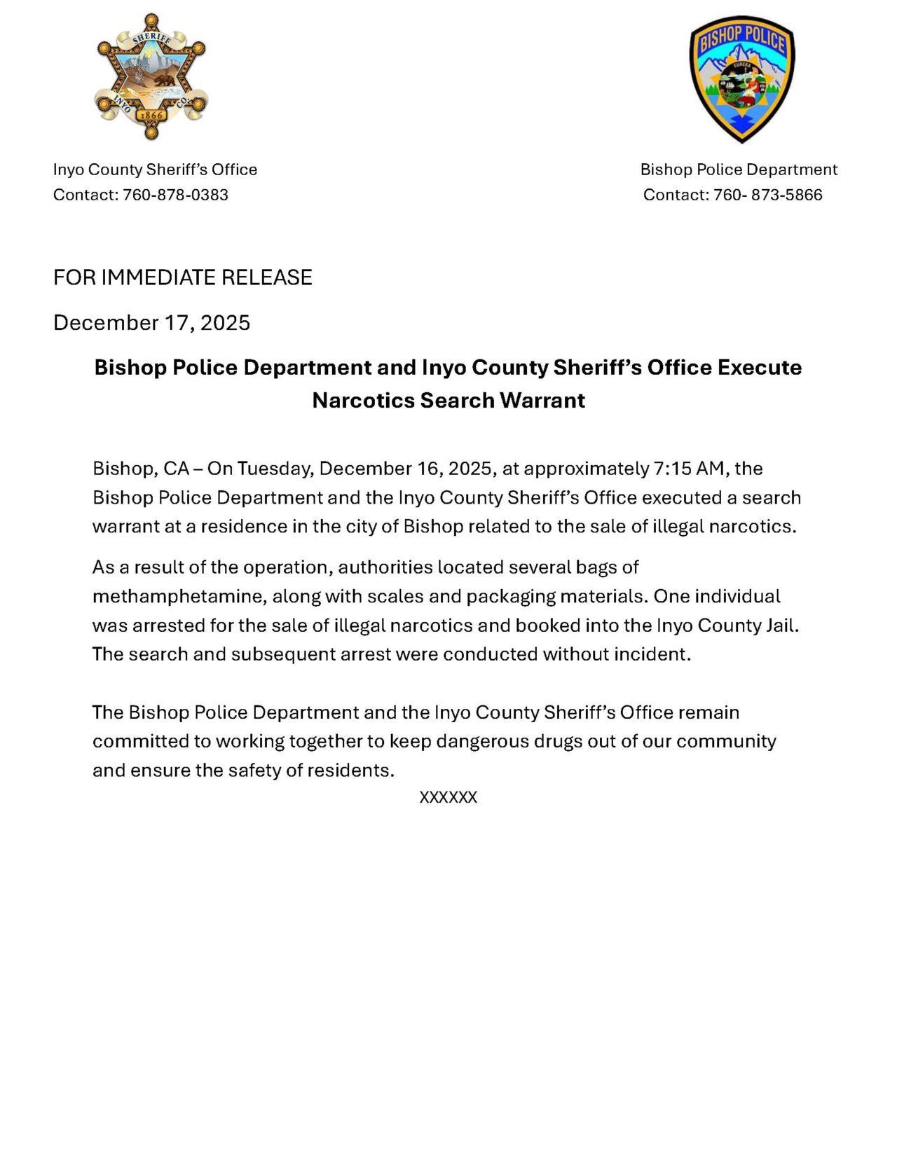 Bishop Police Department and Inyo County Sheriff’s Office Execute ...