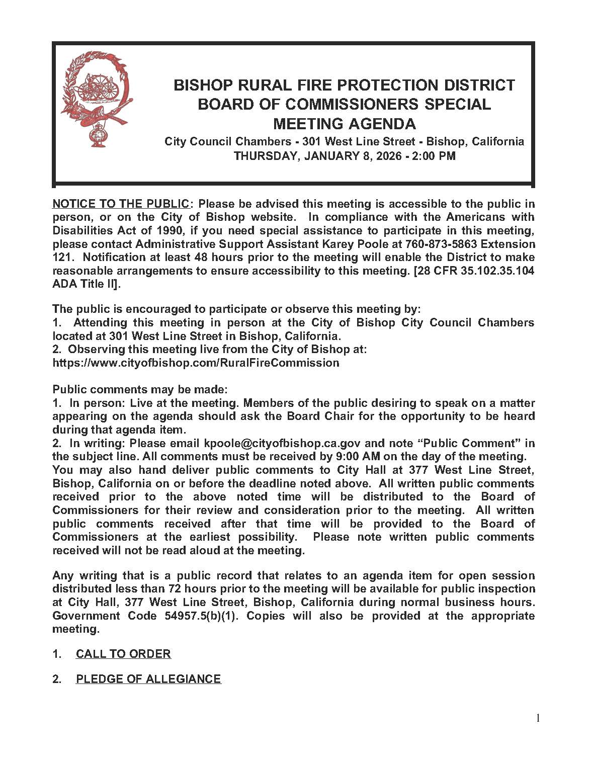 BISHOP RURAL FIRE PROTECTION DISTRICT BOARD OF COMMISSIONERS SPECIAL ...
