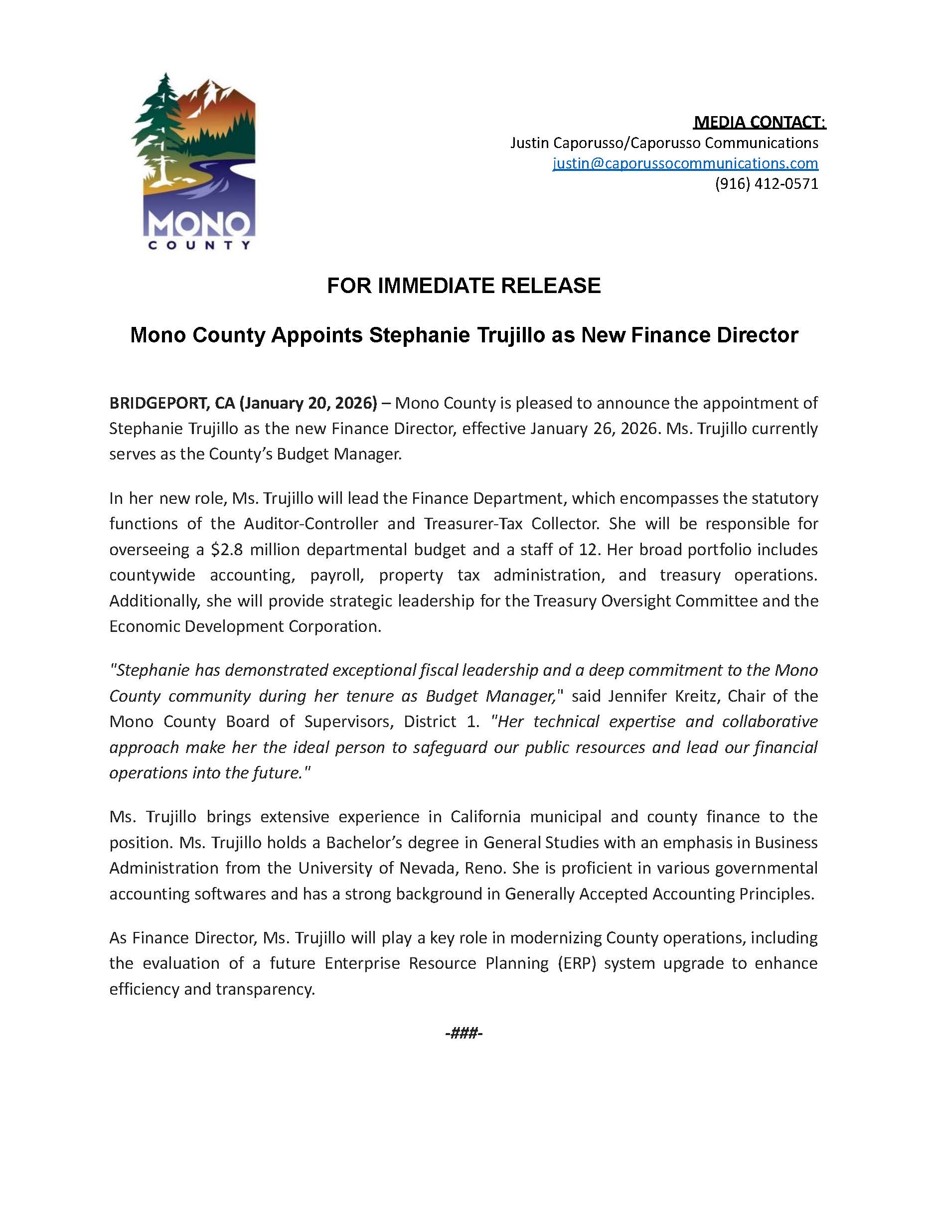 Mono County Appoints Stephanie Trujillo as New Finance Director ...