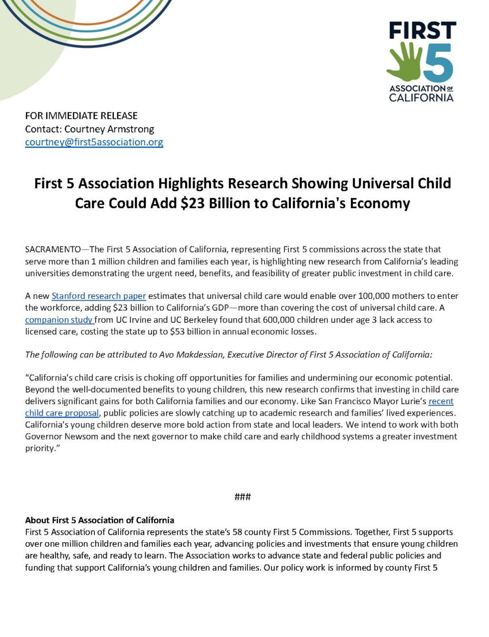 First 5 Association Highlights Research Showing Universal Child Care ...
