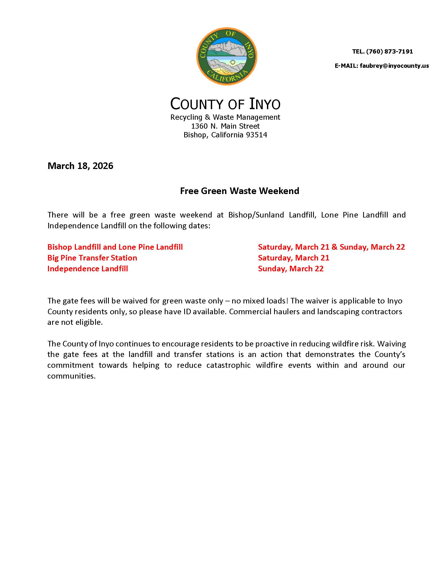 Free Green Waste Weekend – Inyo County - Sierra Wave: Eastern Sierra ...