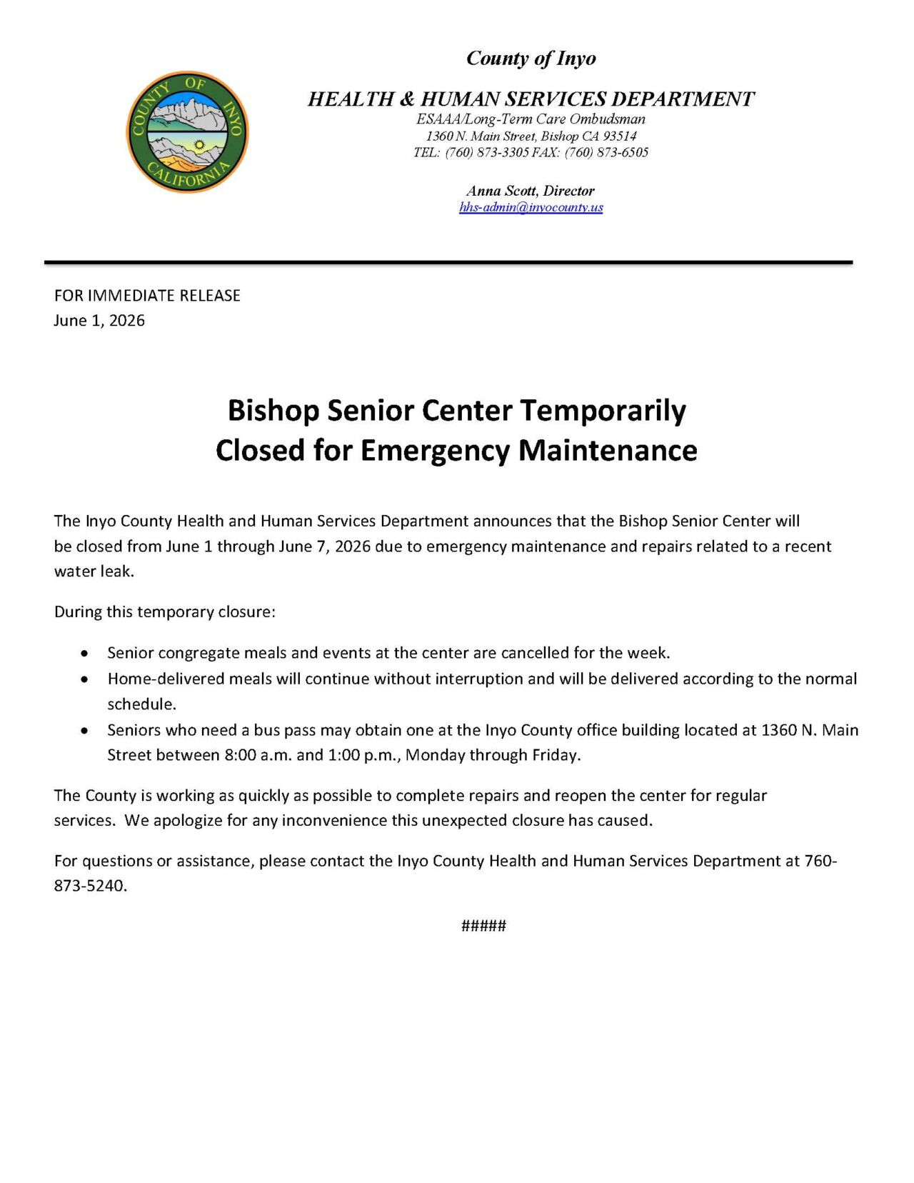 Bishop Senior Center Temporarily Closed for Emergency Maintenance ...